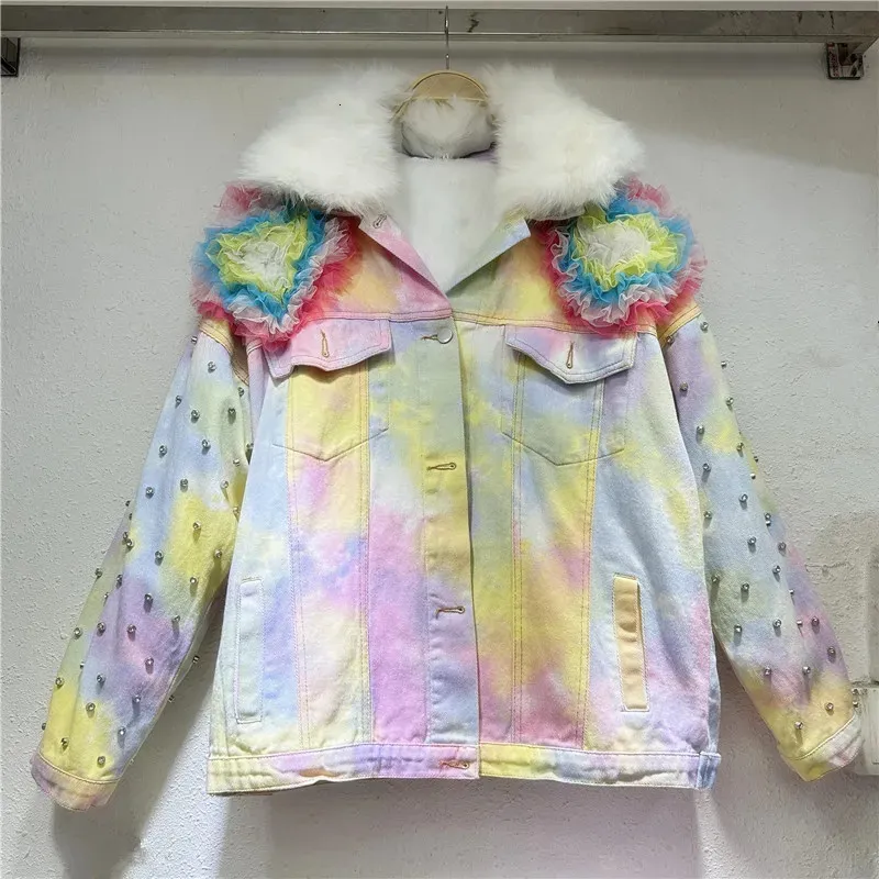 Women's Casual Denim Jacket Long Sleeve Gradient Tie Dye Heart Flower ...