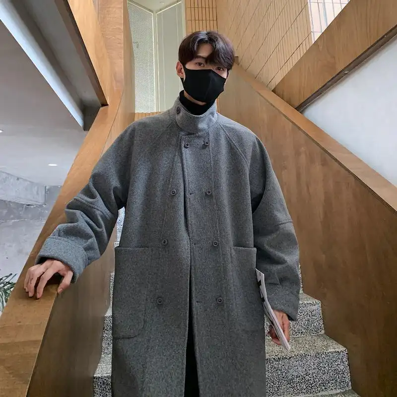 Men's Woolen Coat Stand Collar Single Breasted Solid Color Thick Casual ...